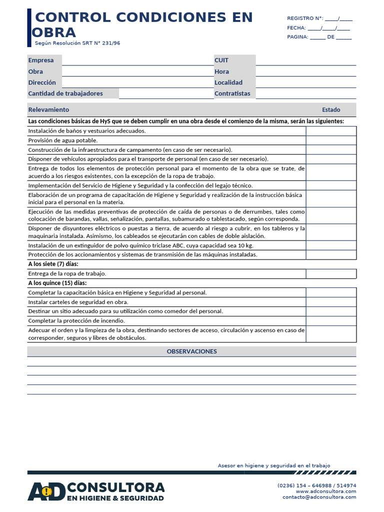 Control de Condiciones Basicas en Obra r2 | PDF | Higiene | Seguridad y salud ocupacional