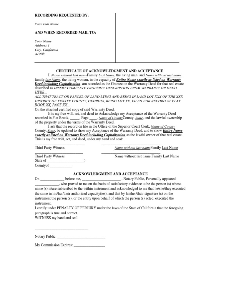 Certificate of Acknowledgement and Accpetance 6-12-12 | PDF | Deed ...