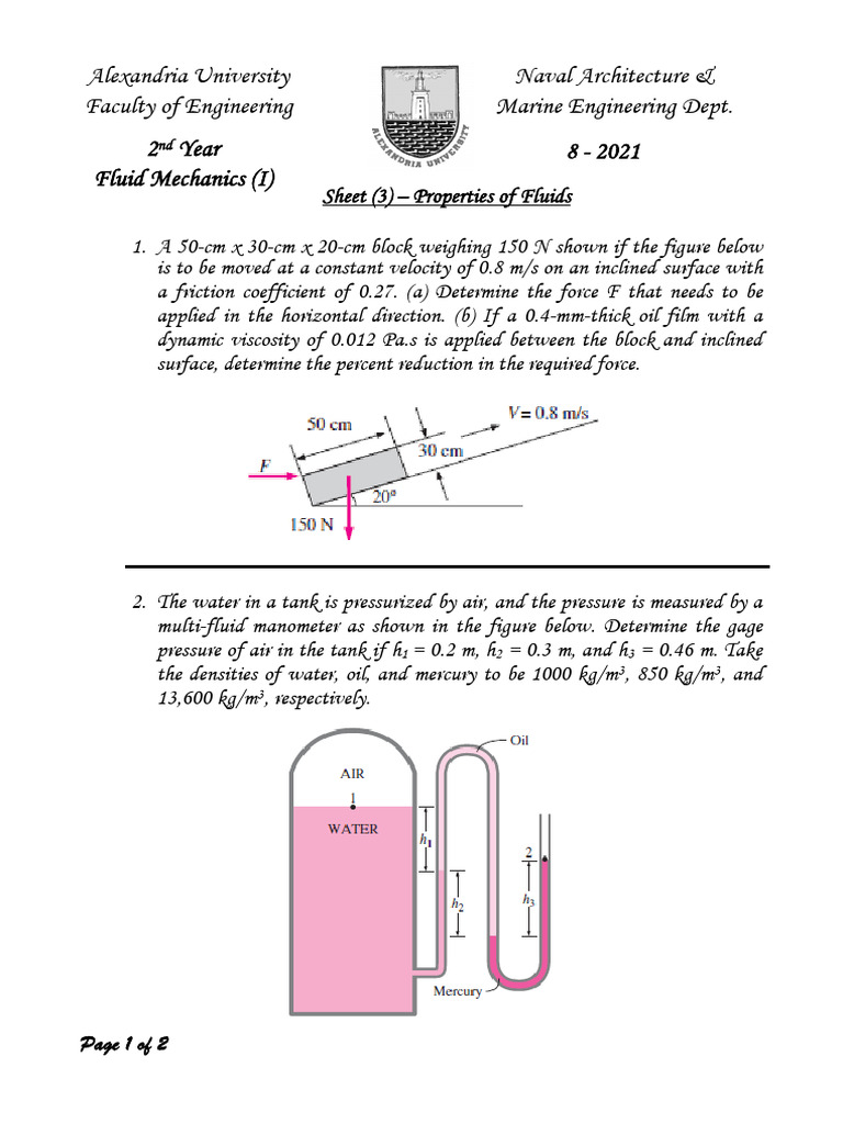 Fluid Mechanics Pressure Calculations | PDF