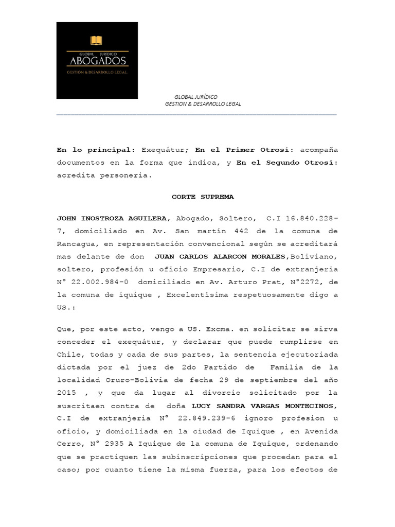 Expediente Exequatur Divorcio Bolivia | PDF | Divorcio | Sentencia (ley)