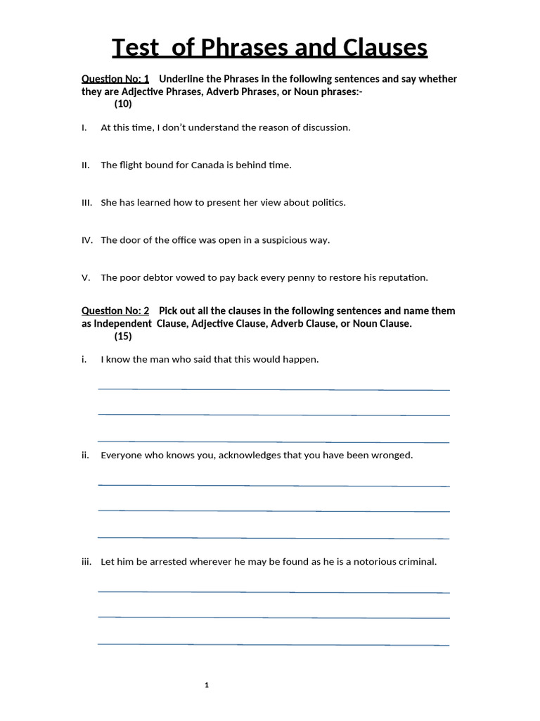 Phrases and Clauses Test | PDF