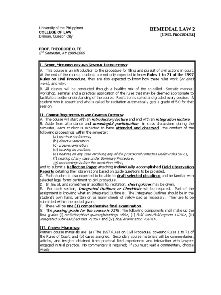 Civil Procedure Course Overview | PDF | Jurisdiction | Pleading
