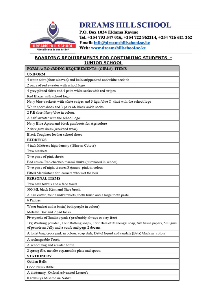 Junior School Boarding Requirements Guide | PDF | Clothing | Fashion