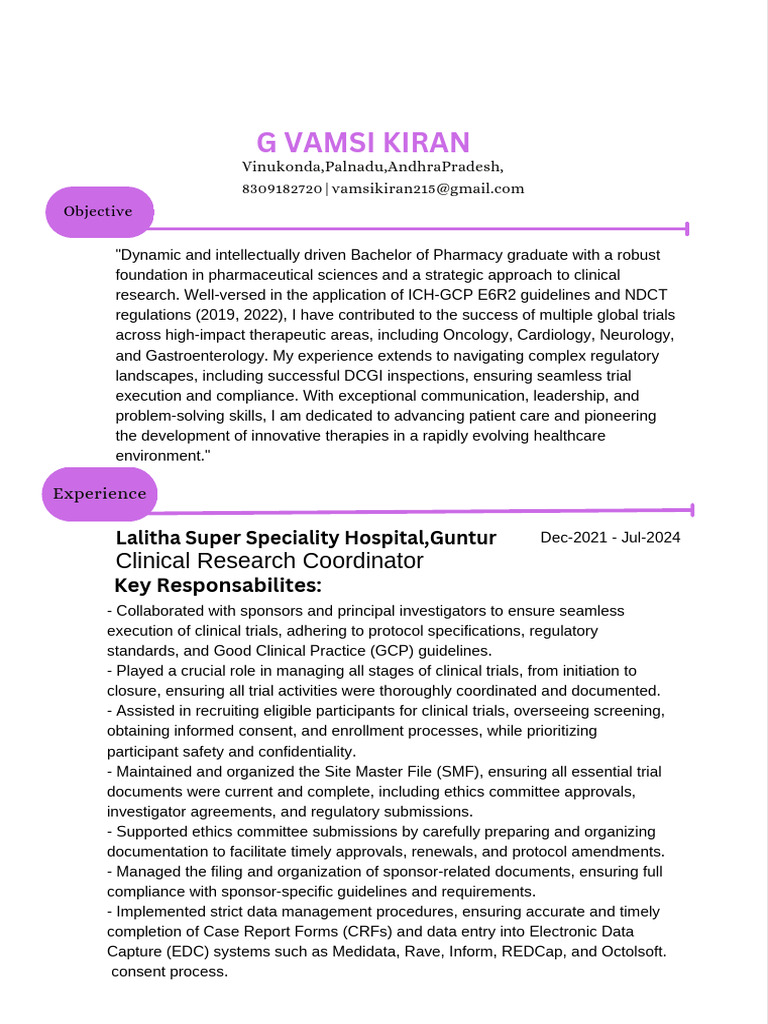 Vamsi Kiran Resume.pdf | PDF | Clinical Trial | Stroke