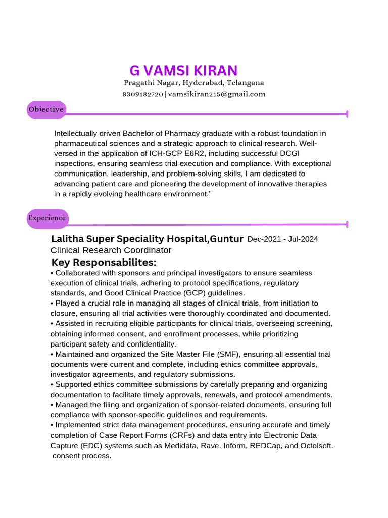 Cv Vamsi Kiran.pdf | PDF | Clinical Trial | Medicine