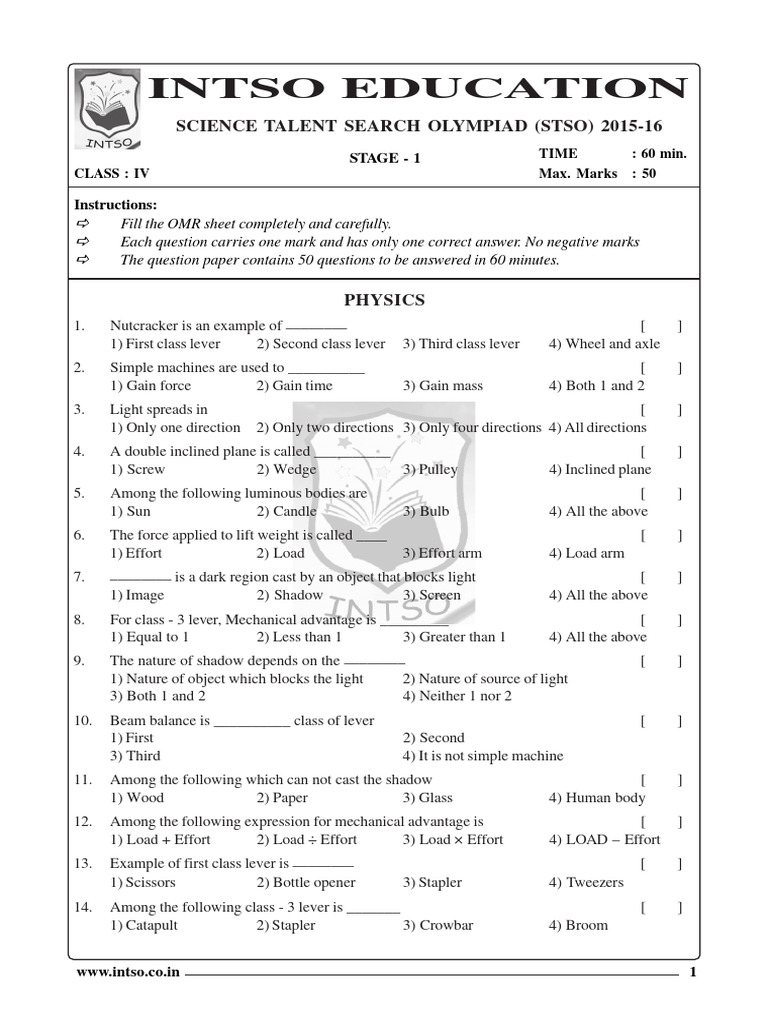 Intso Stso Class 4 Question Paper 2015 16 | PDF | Chemical Elements ...