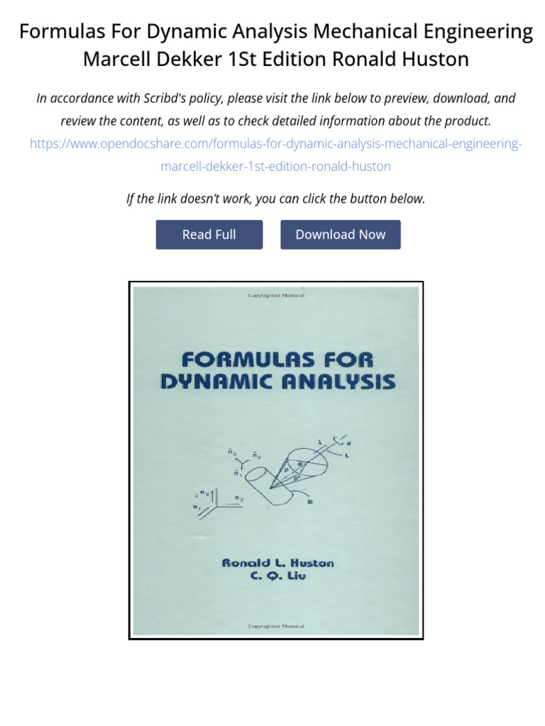 Formulas for Dynamic Analysis Mechanical Engineering Marcell Dekker 1st ...