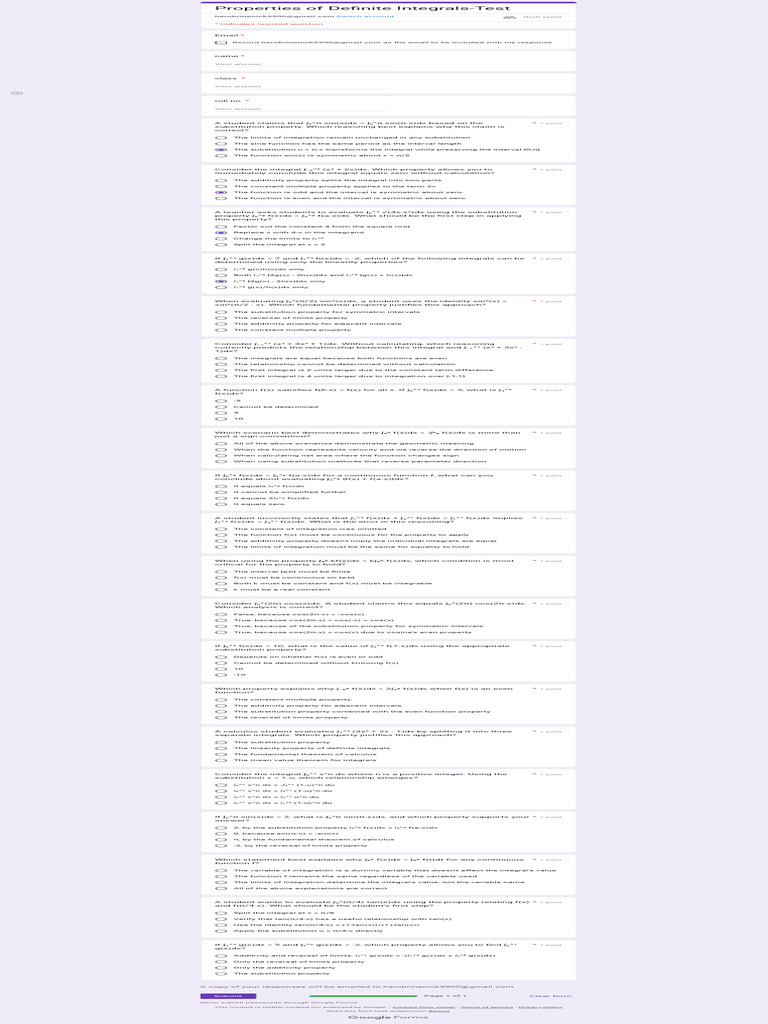 Properties of Definite Integrals-Test | PDF | Integral | Function ...