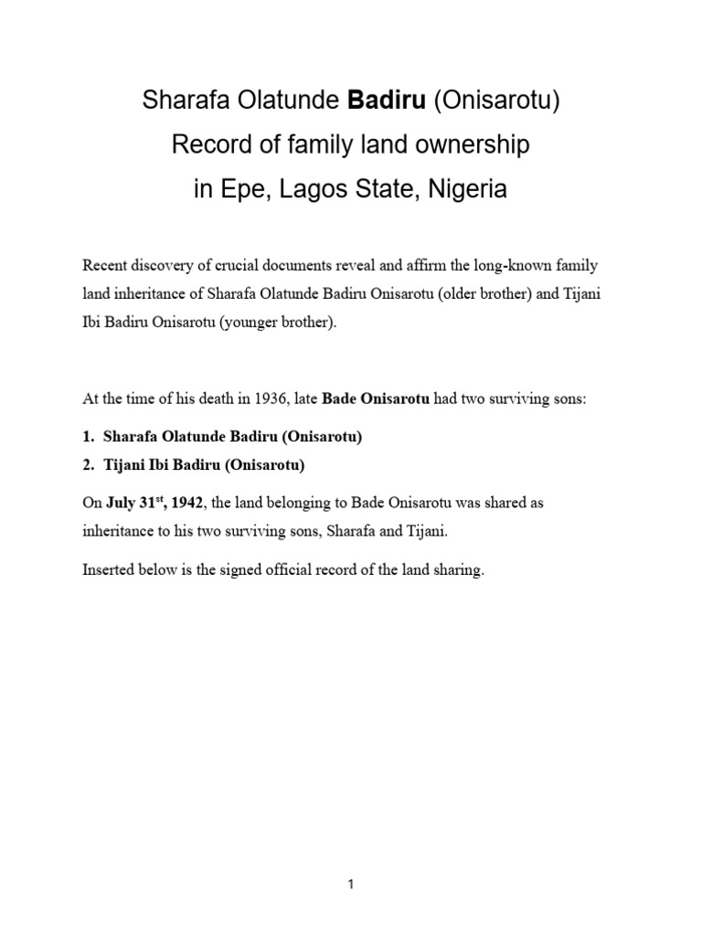 Sharafa Ola Badiru Onisarotu - Record of Epe Land Ownership | PDF