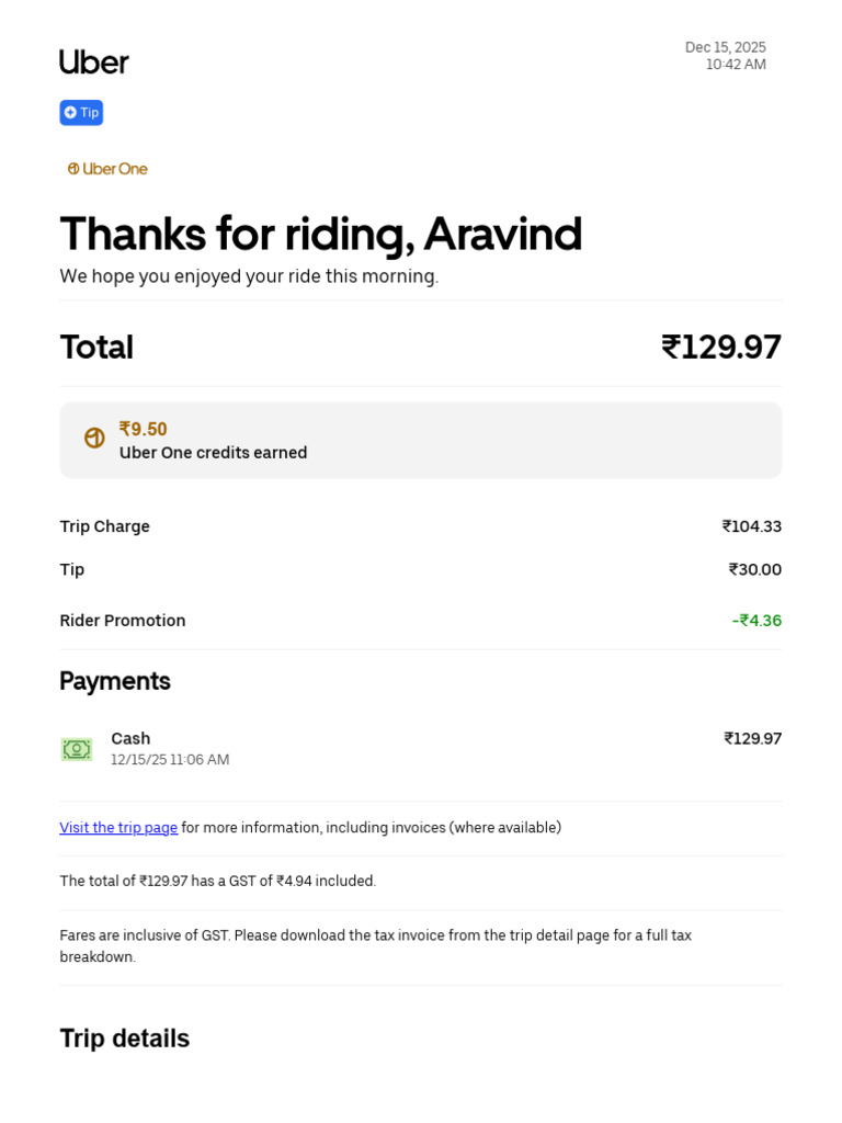 Uber Ride Summary for Aravind | PDF