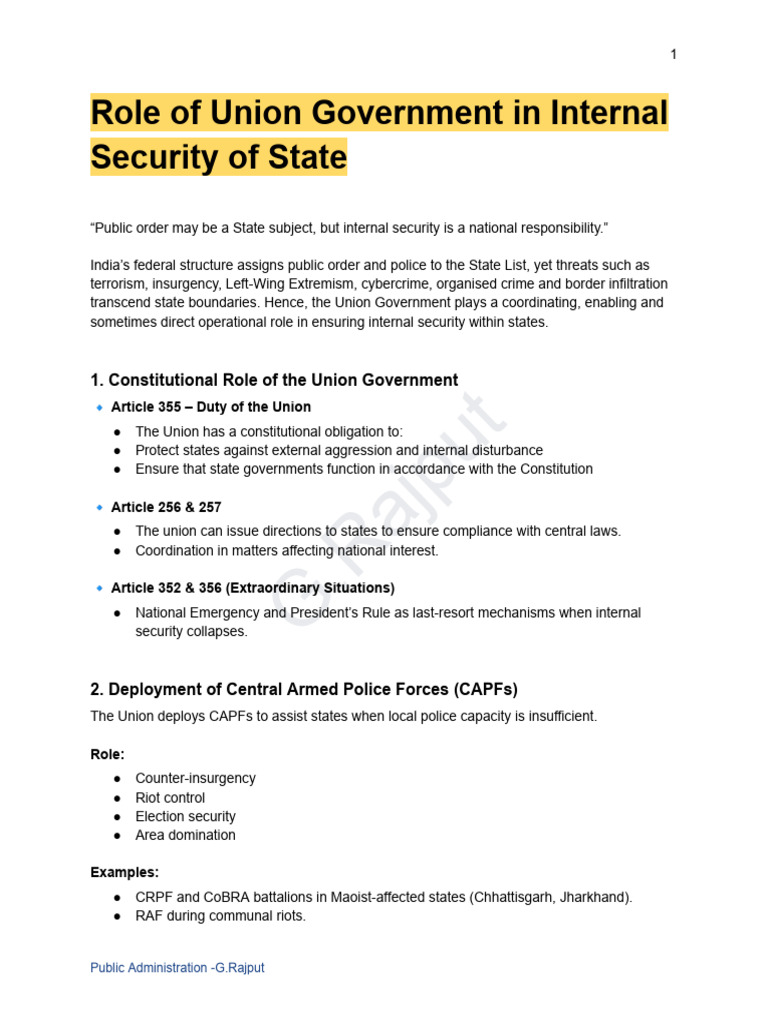Role of Union Govt in Internal Security of State.. Notes | PDF ...