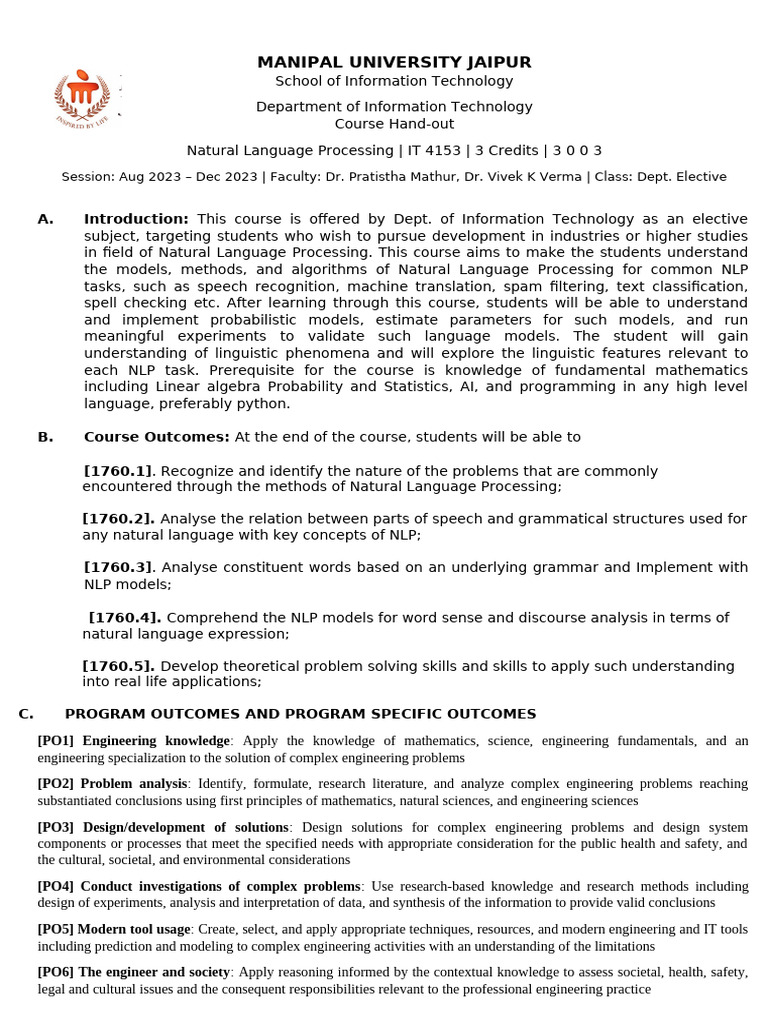 NLP-Course Handout 2023 | PDF | Engineering | Parsing