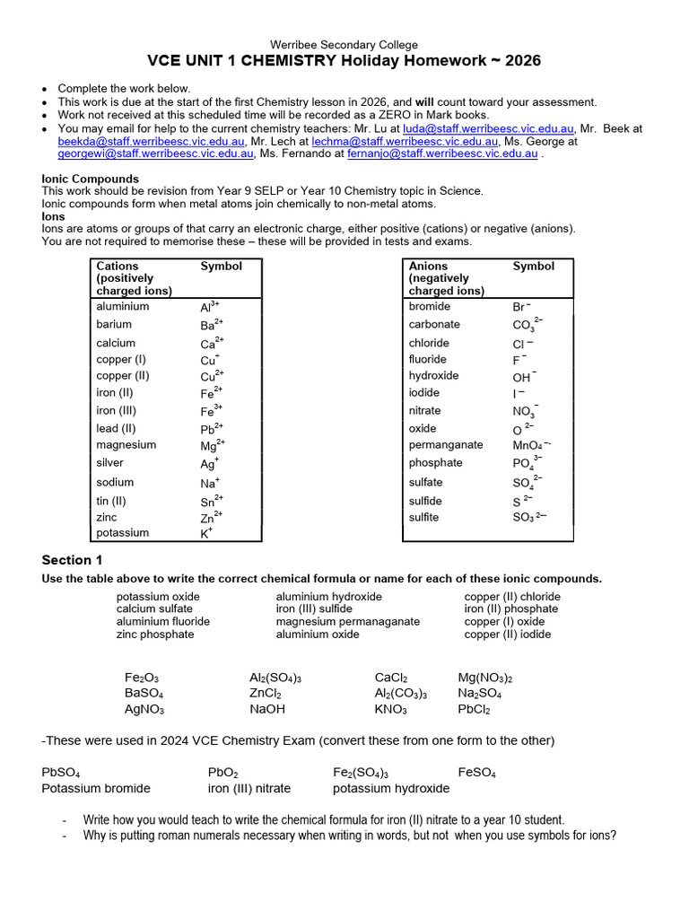 VCE Chemistry Holiday Homework 2026 | PDF | Periodic Table | Electron ...