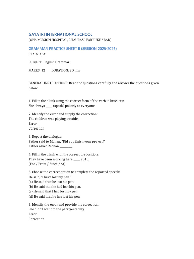 Class X English Grammar Practice Sheet | PDF