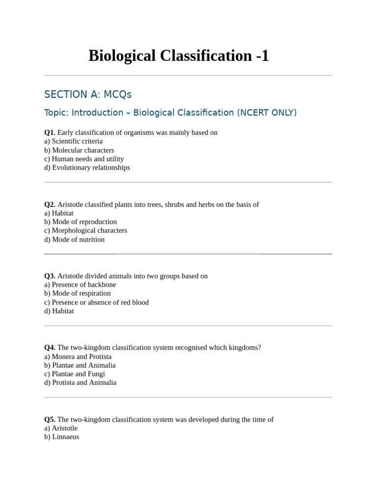Biological Classification MCQs and Answers | PDF | Life Sciences | Biology