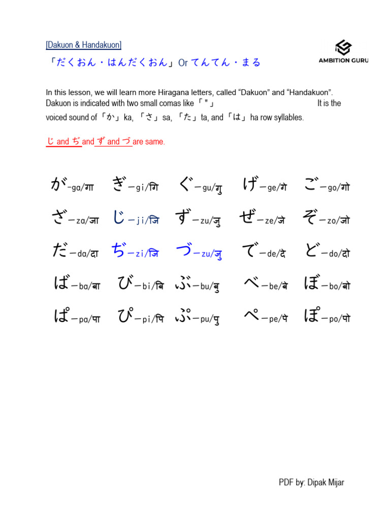 Dakuon and Handakuon in Hiragana | PDF