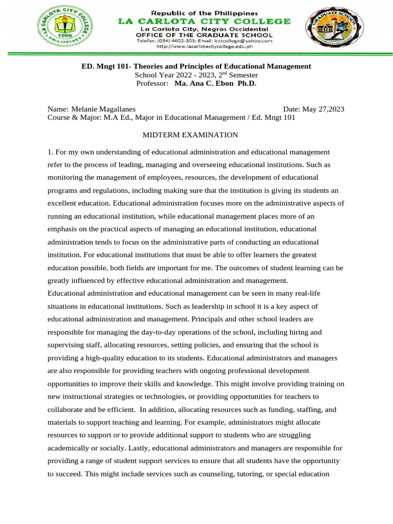 Ed.mngt 101 Midterm Exam | PDF | Learning | Teachers