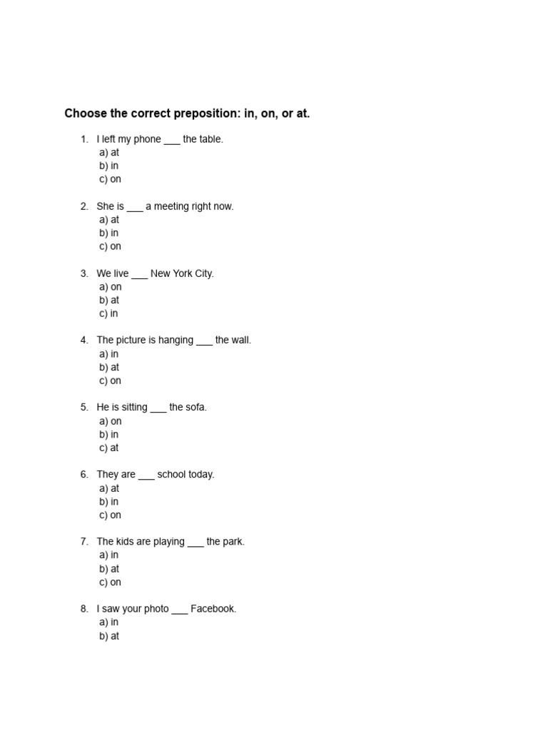 Preposition Quiz: In, On, At | PDF | Chess Openings | Chess