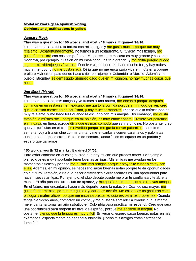 Model answers gcse spanish writing | PDF