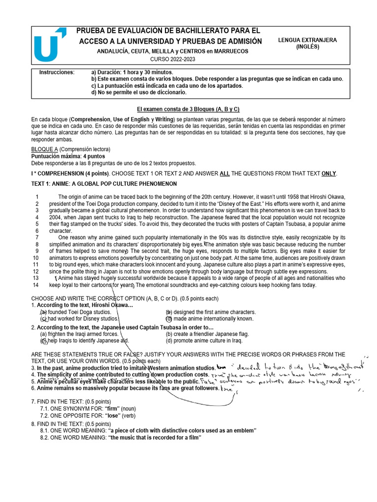 Examen Ingles Reserva A | PDF | Candy | Anime