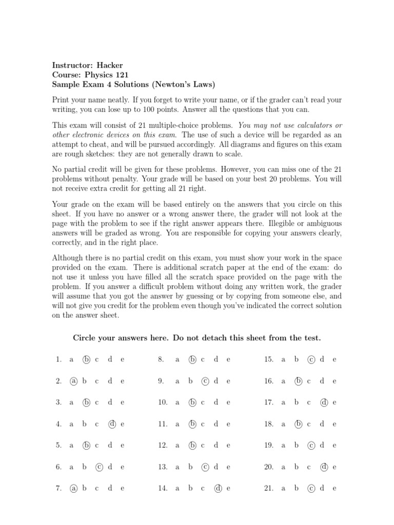 Physics121 Sample Exam4 Newtons Laws Solns | PDF | Force | Tension ...