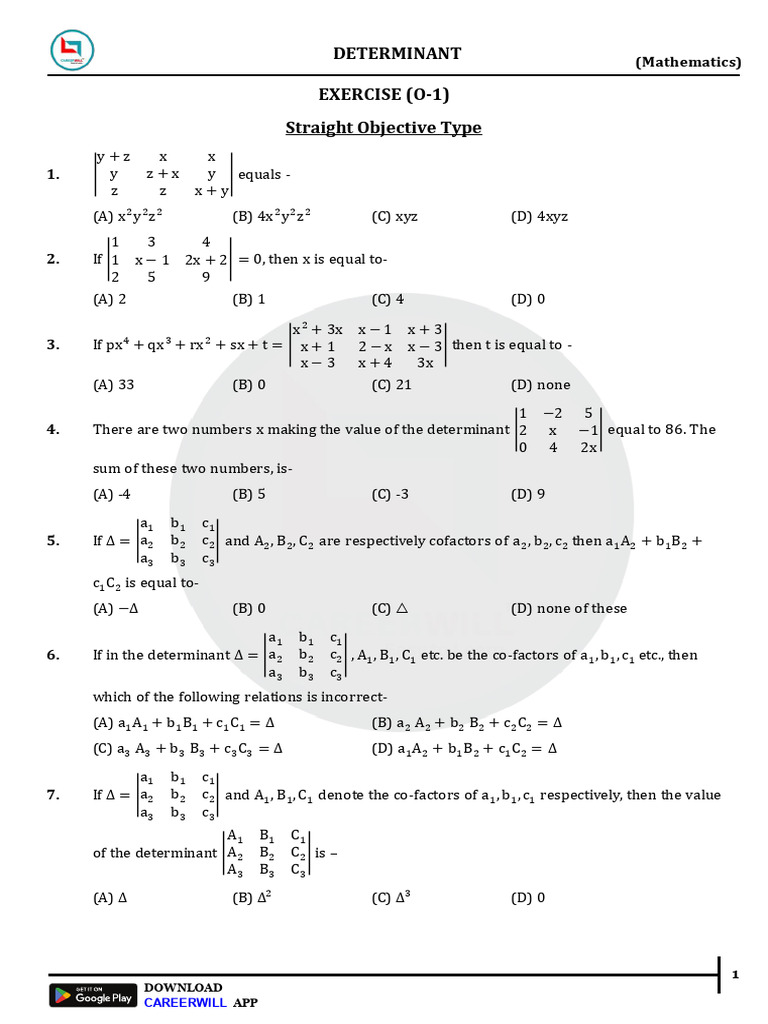 Determinant Exercises for Mathematics | PDF | Equations | Pi
