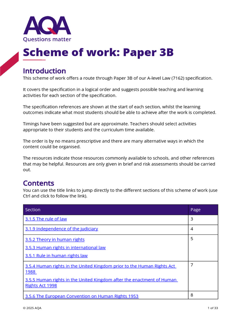 A-Level Law Paper 3B Scheme of Work | PDF | Rule Of Law | Human Rights