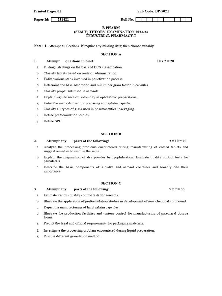 Bpharm 5 Sem Industrial Pharmacy 1 Bp502t 2023 | PDF | Tablet (Pharmacy ...