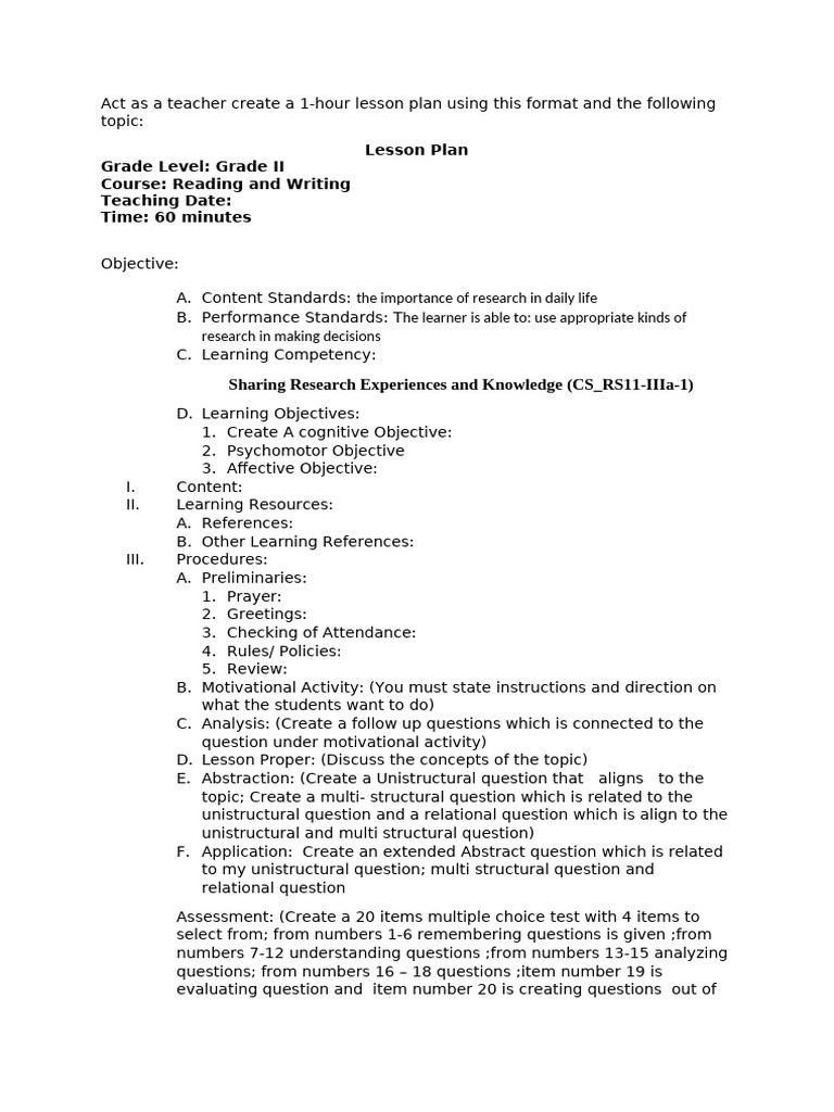 Act as a teacher create a 1 hour lesson plan using the topic (Recovered ...