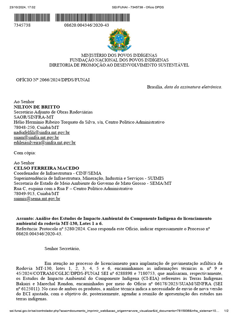 SEI_FUNAI - 7345738 - Ofício DPDS-MT 130 Envia IT e Solicita ...