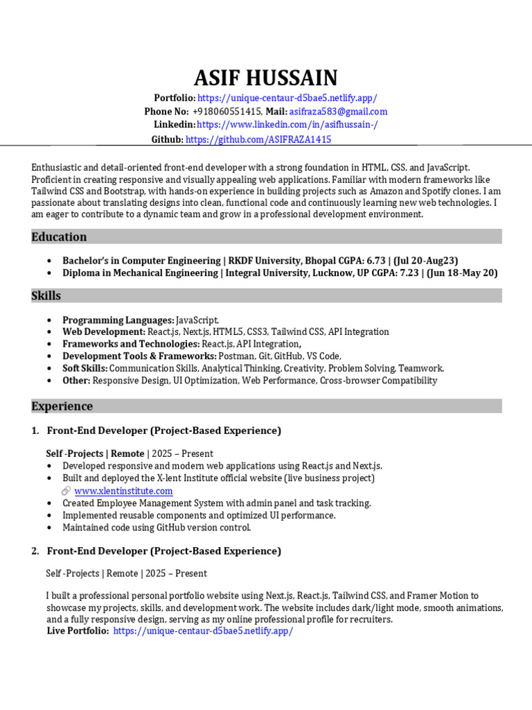 Asif Hussain, Resume | PDF | Web Development | Software Engineering