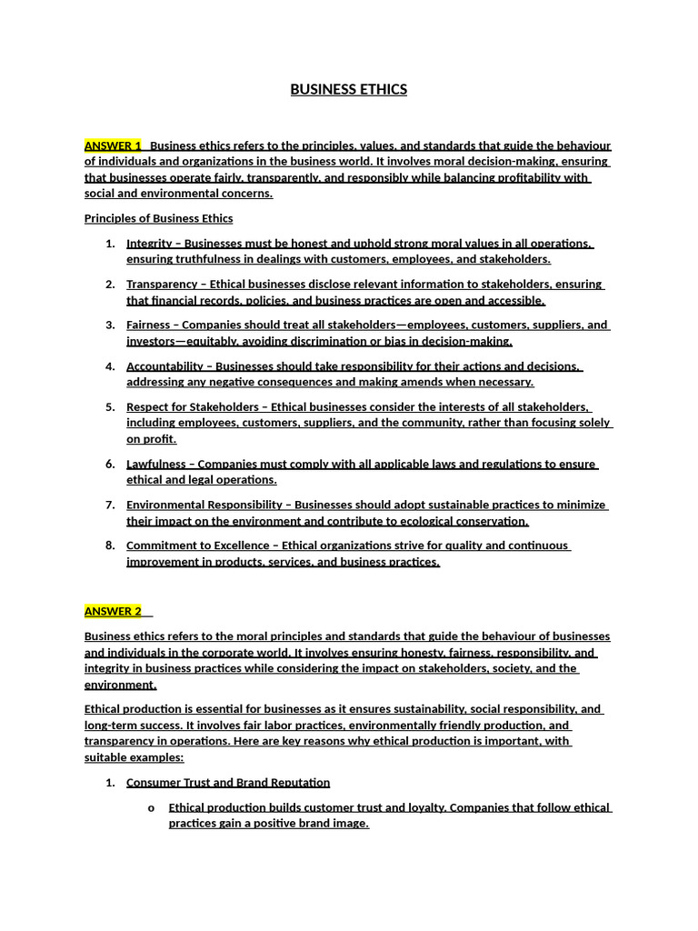 Key Principles of Business Ethics | PDF | Corporate Social ...