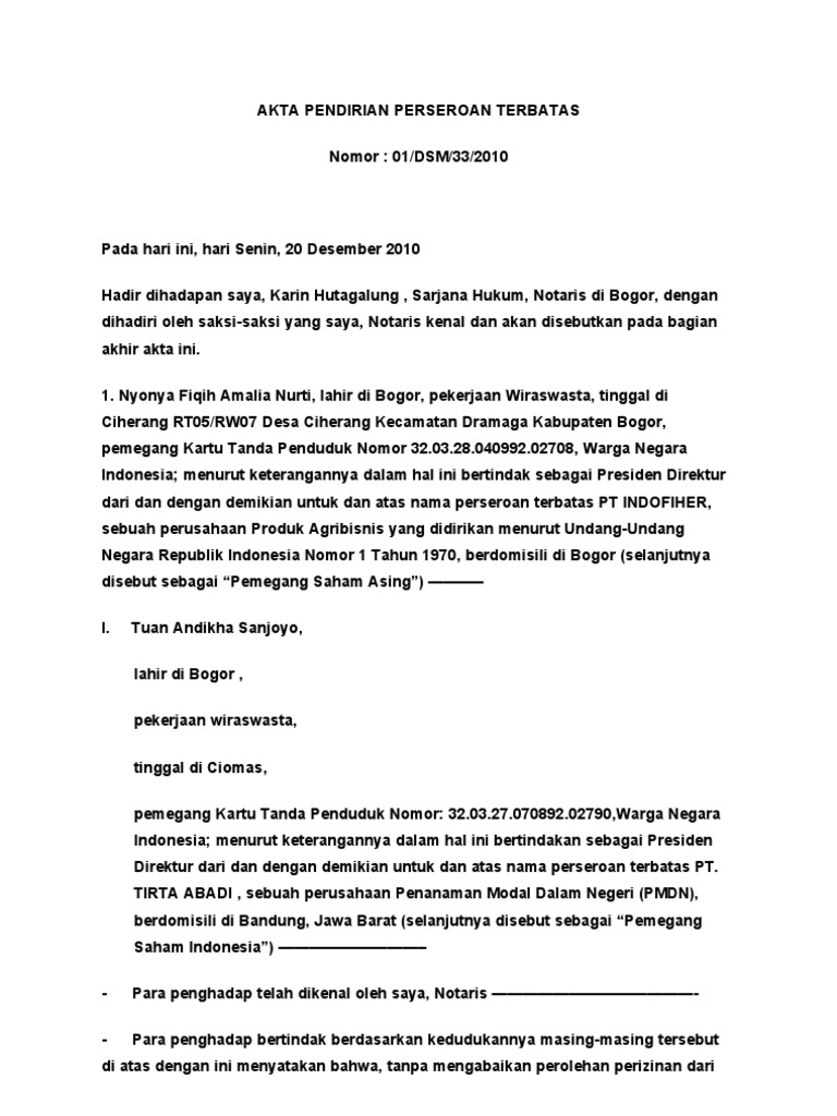 Akta Pendirian Perseroan Terbatas | PDF
