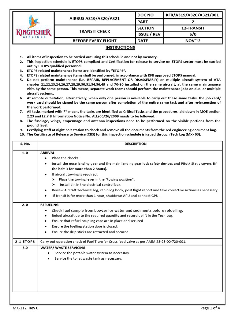 A320 LINE CHECK SCHEDULES 30.11.12 | PDF | Landing Gear | Aircraft
