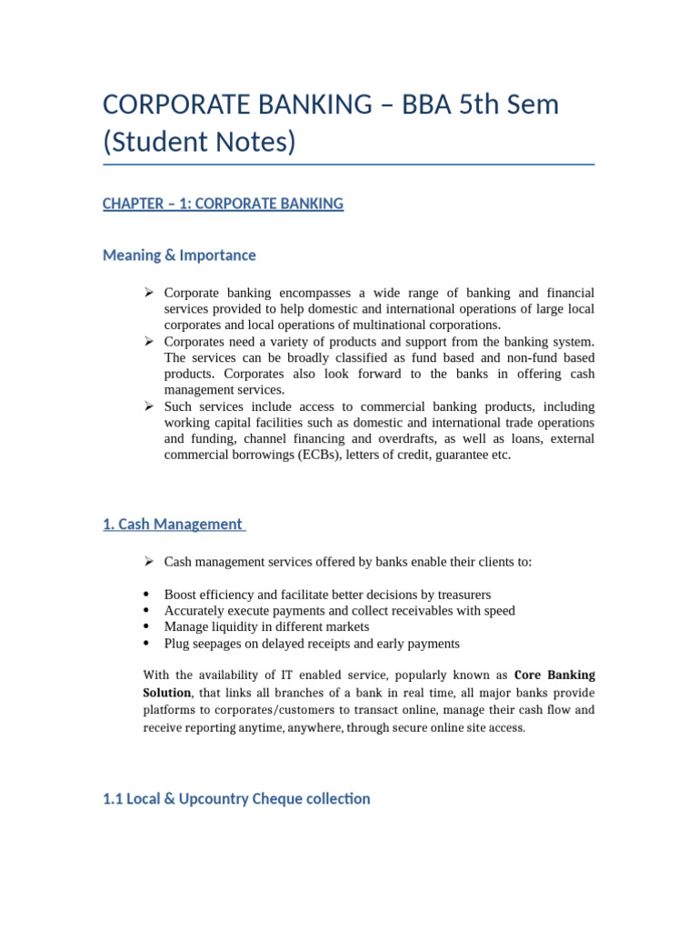 Corporate Banking BBA 5th Sem - Copy | PDF | Factoring (Finance) | Cheque