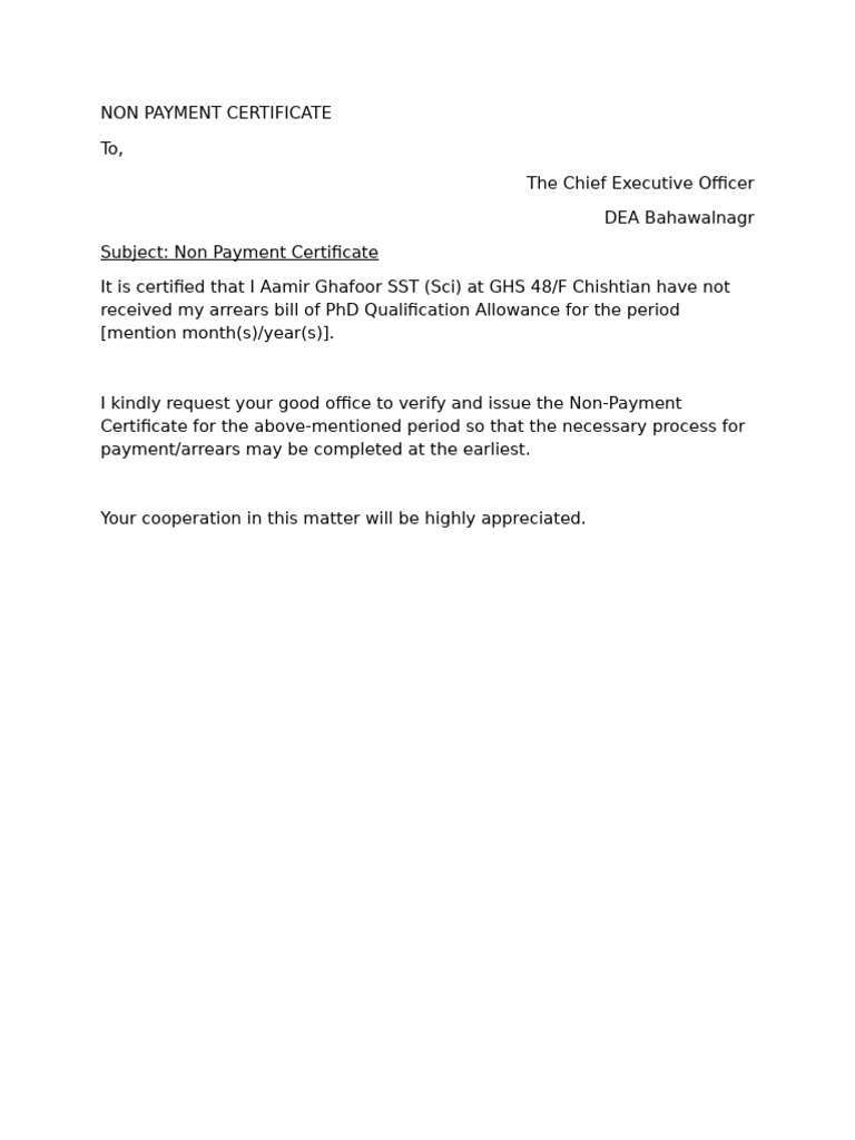 Non-Payment Certificate Request | PDF
