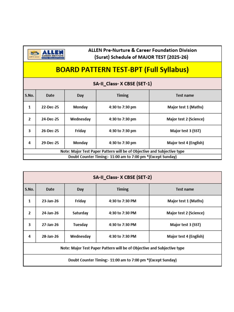 Class10 CBSE Board Pattern Test Dates-Full Syllabus | PDF