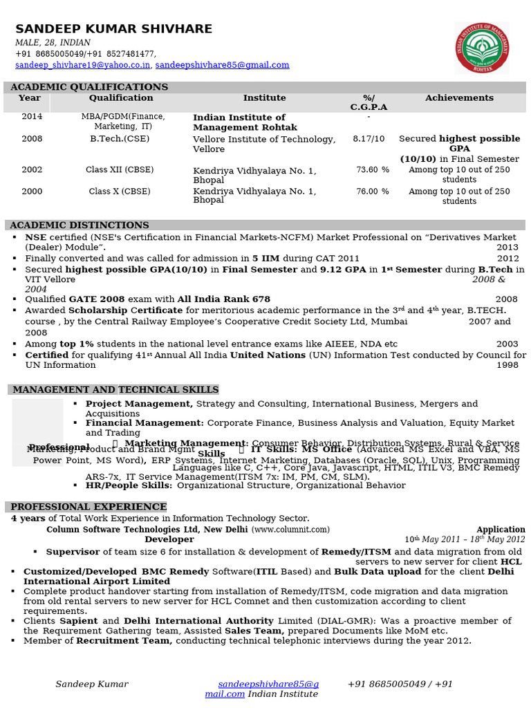 CV Sandeep Kumar Shivhare IIM Rohtak CSE IT 4 Years Exp | PDF | Master ...