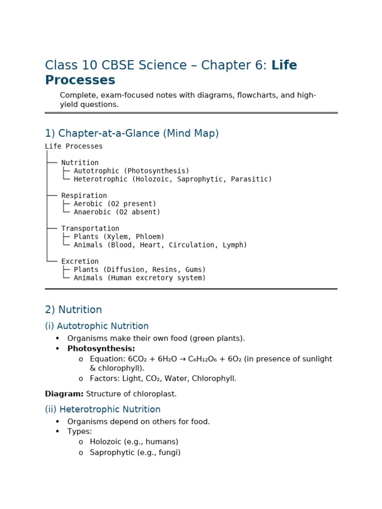 Class 10 Cbse Science - Chapter 6 Notes - Life Processes | PDF ...