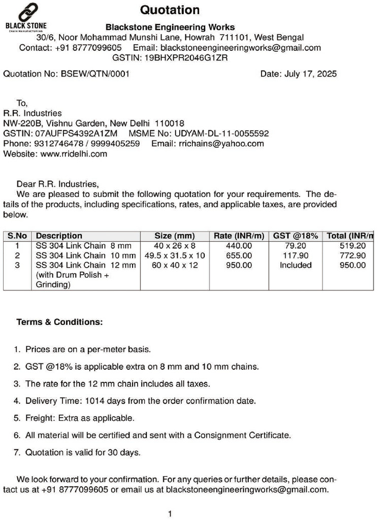 Quotation Blackstone Engineering Works-1 | PDF