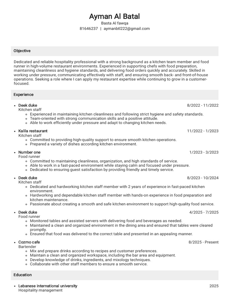 CV_2025111814434533 | PDF | Kitchen | Foods
