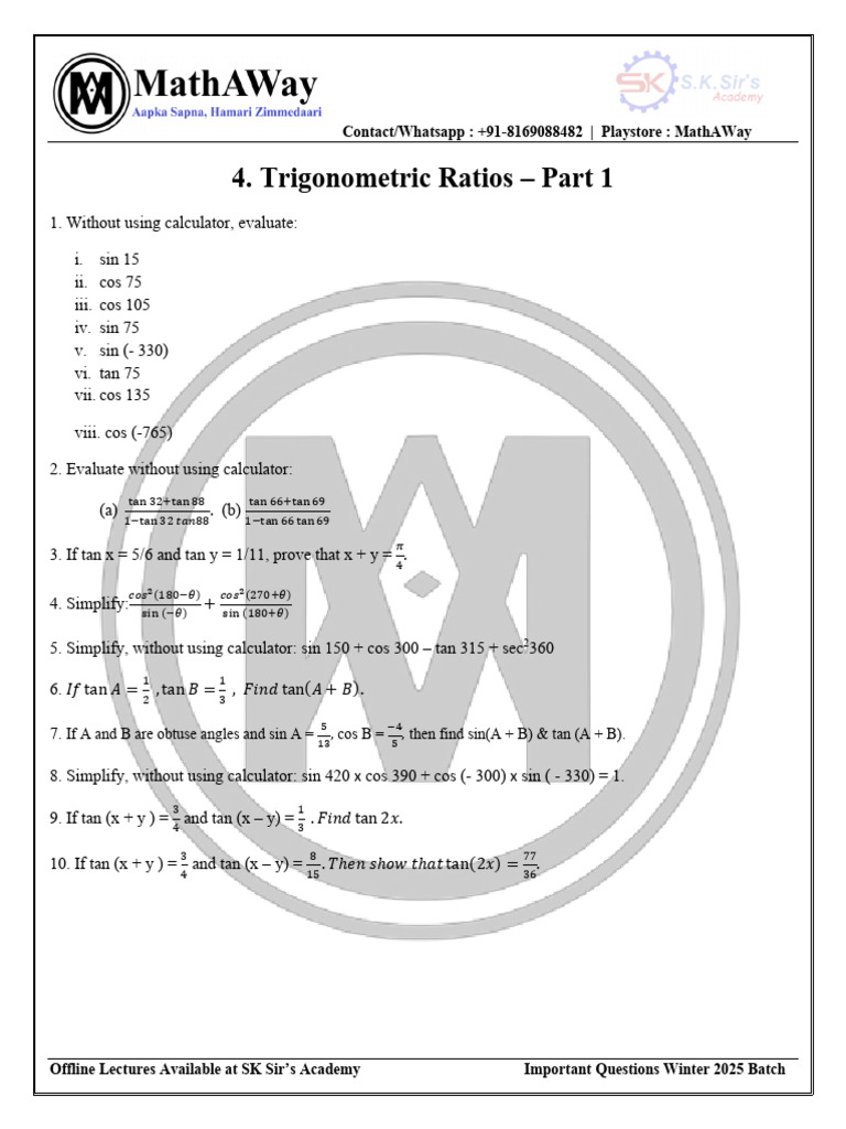 Trigonometric Ratios Practice Questions | PDF