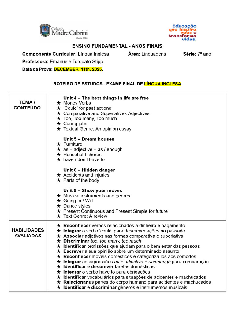 Roteiro de Estudos - Exame Final de Língua Inglesa _ 7th Grades.docx | PDF | Linguística