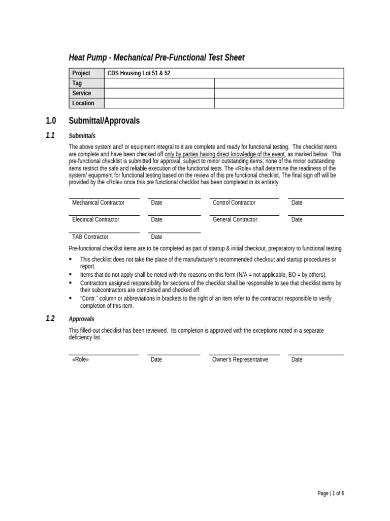 Heat Pump Pre-Functional Test Checklist | PDF | Pipe (Fluid Conveyance ...