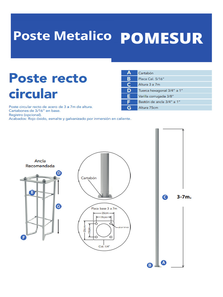 Ficha Tecnica Poste Recto Circular 4.5 Mts | PDF