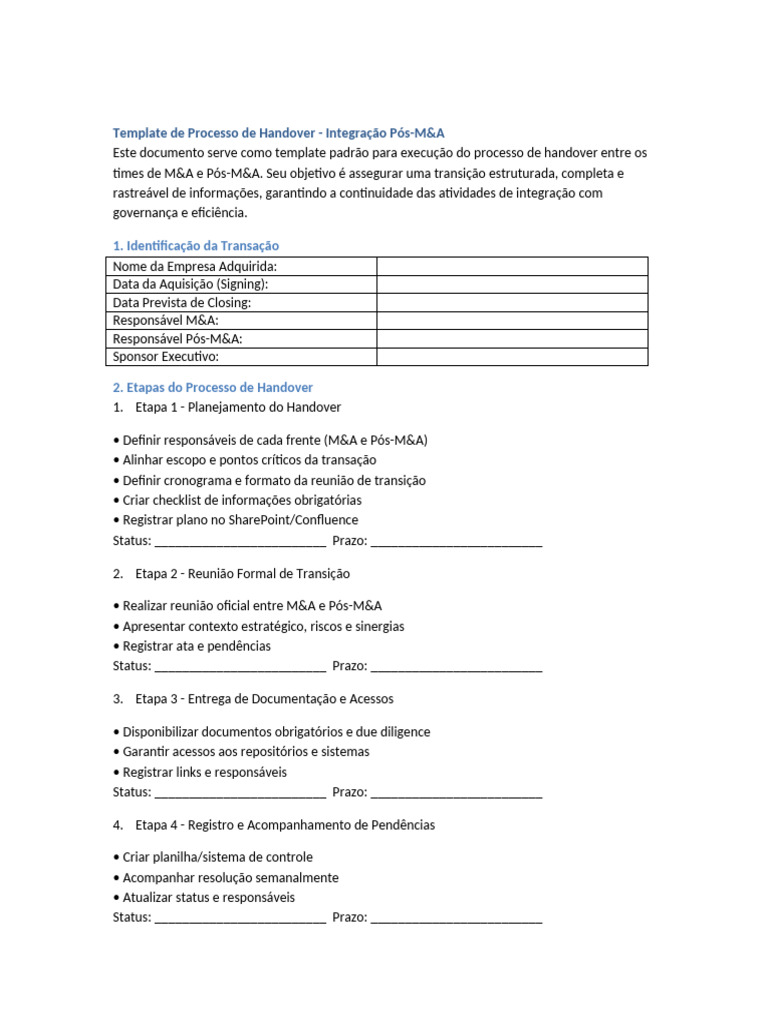 Template de Handover Pós-M&A | PDF