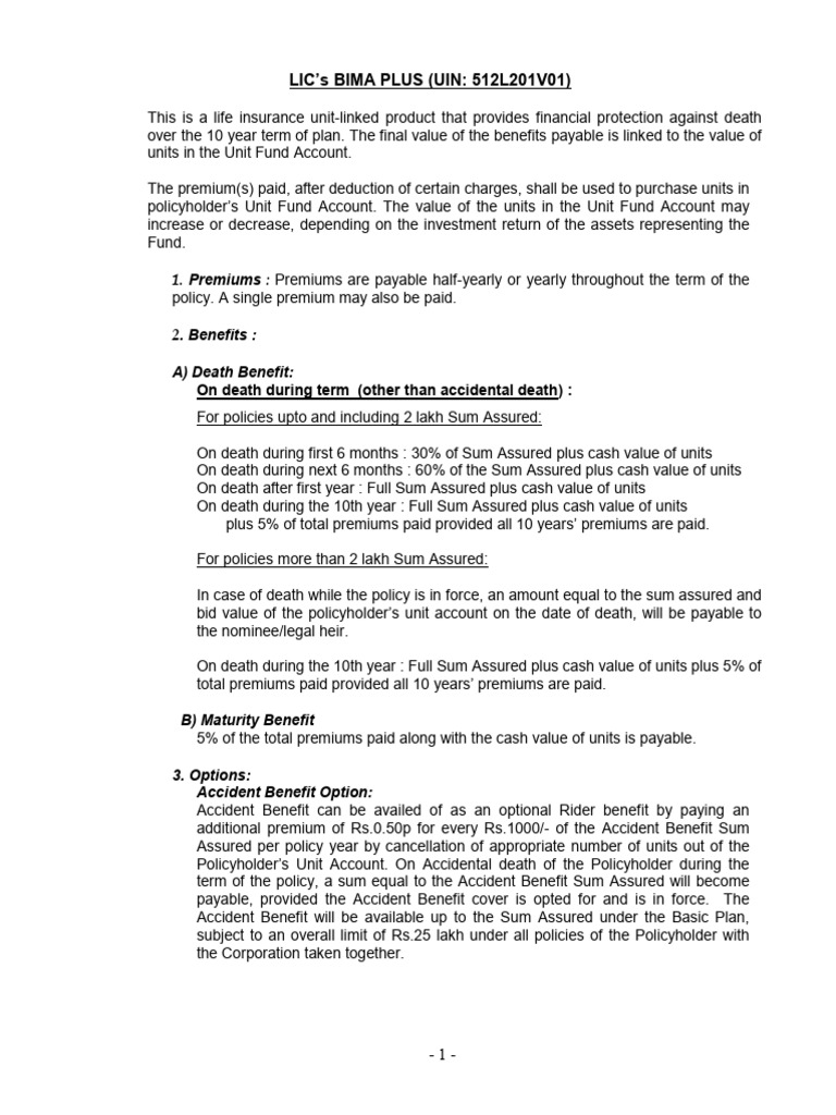 LIC Bima Plus Life Insurance Plan Overview | PDF | Insurance ...