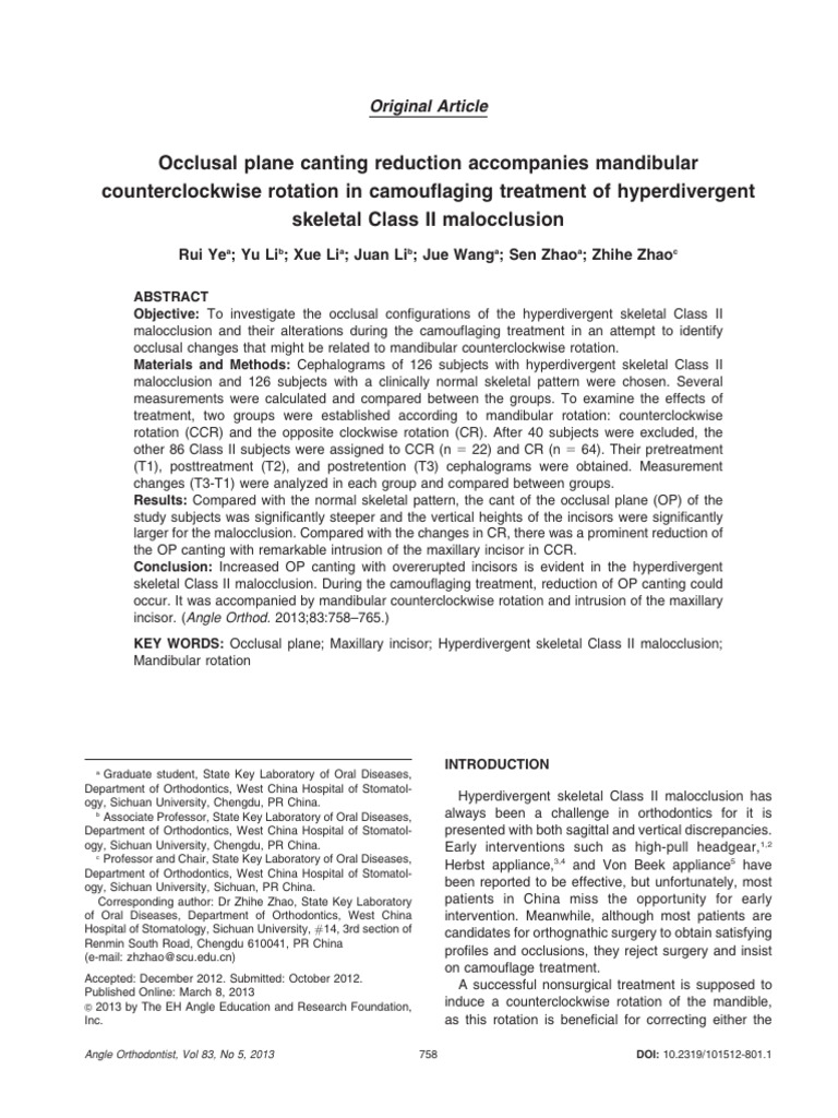6. Ye R, Li Y, Li X, Li J, Wang J, Zhao S, Et Al. Occlusal Plane ...