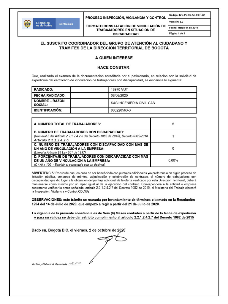 Certificado de Discapacidad 18970 Vut s&s Ingenieria Civil Sas ...