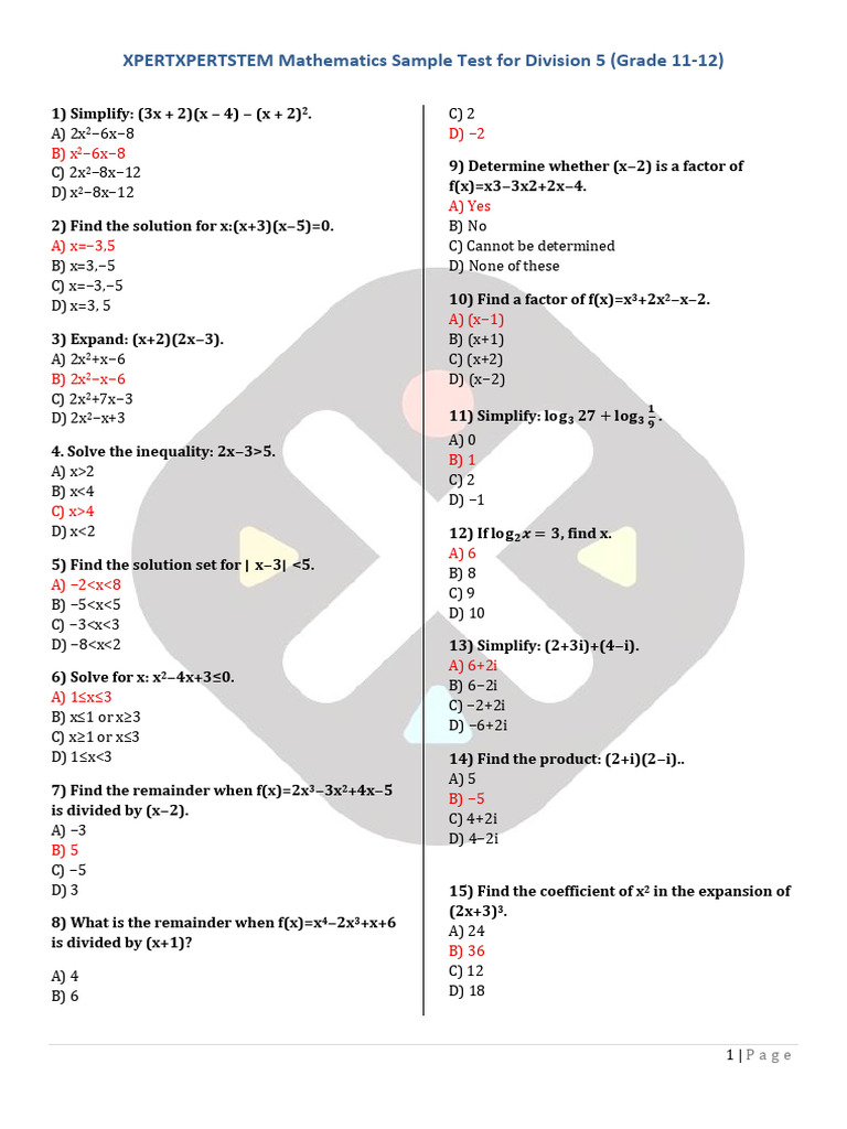 XPERTSTEM Mathematics Sample Test for Division 5 Grade 11 12 | PDF